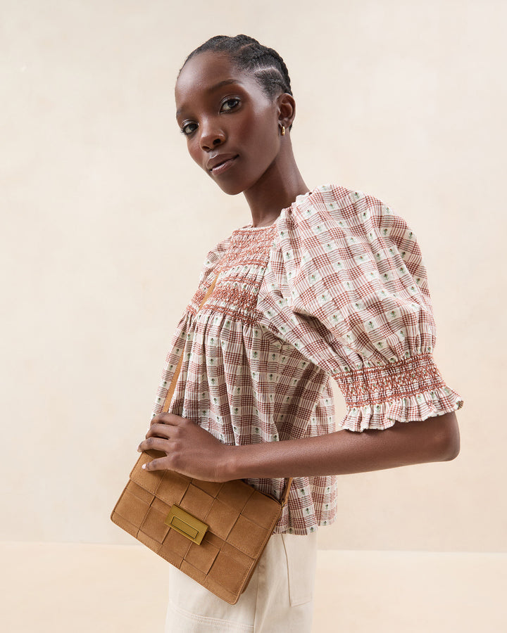 Delphine Toffee Woven Suede Shoulder Bag I Crossbodies I Handbags